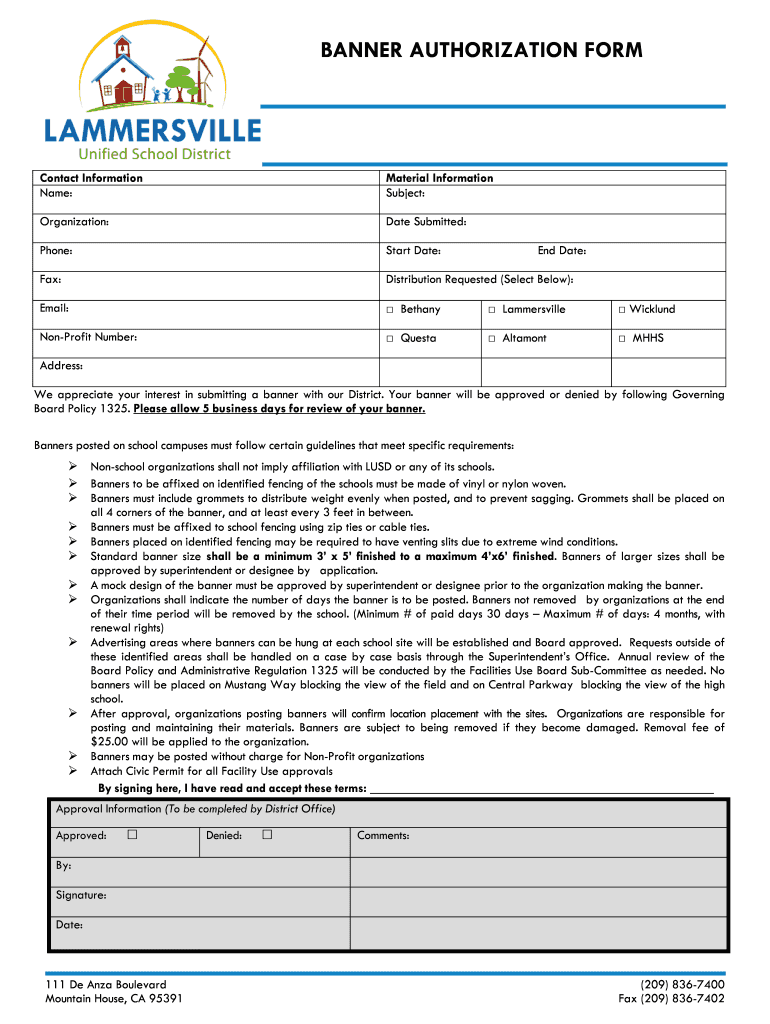 Fillable Online BANNER AUTHORIZATION FORM Fax Email Print - pdfFiller