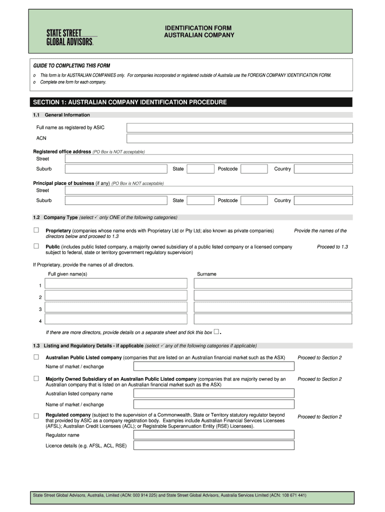 Fillable Online SSGA AUSTRALIA AUSTRALIAN COMPANY CUSTOMER ID FORM Fax ...