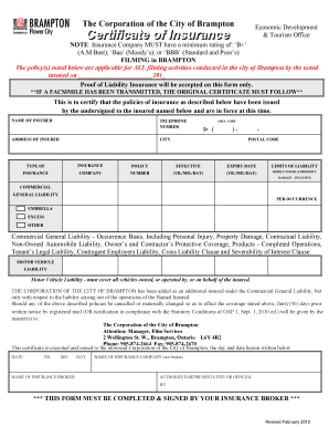 Fillable Online brampton Film Permit Application Certificate of ...
