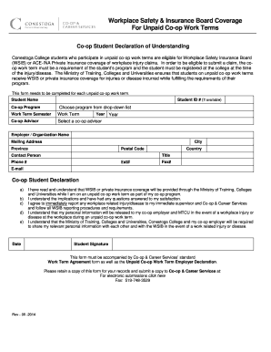Fillable Online careers conestogac on Unpaid Co-op Work Term WSIB ...