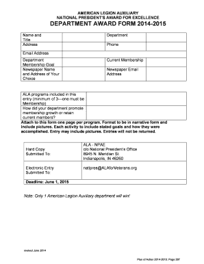 Fillable Online calegionaux National President Award for Excellence Department Award Form Fax ...