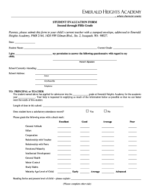 Fillable Online emeraldheights Student Evaluation Form Grades 2 thru 5 ...
