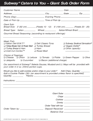 Fillable Online Subway Caters To You-Giant Sub Fax Email Print - pdfFiller