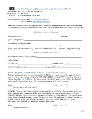 Fillable Online health state mn Public Water System Designated Operator Form. PWS Designated ...