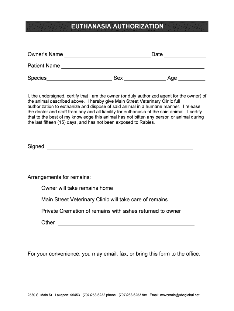 Fillable Online mainstreetvet Euthanasia Authorization Fax Email Print ...
