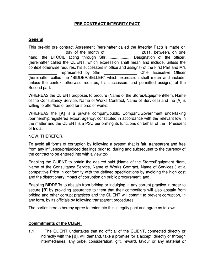 Fillable Online dfccil gov PRE CONTRACT INTEGRITY PACT - dfccil gov Fax ...