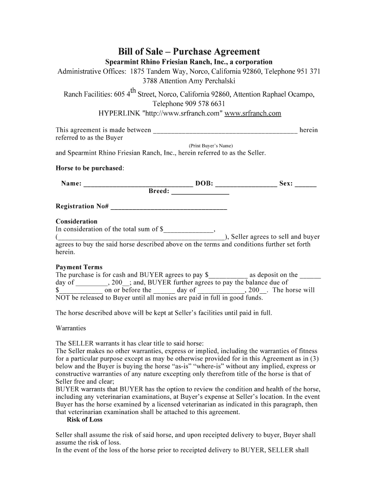 Fillable Online Bill of Sale Purchase Agreement Fax Email Print - pdfFiller