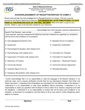 Fillable Online bbs ca Board of Behavioral Science - Acknowledgement of ...