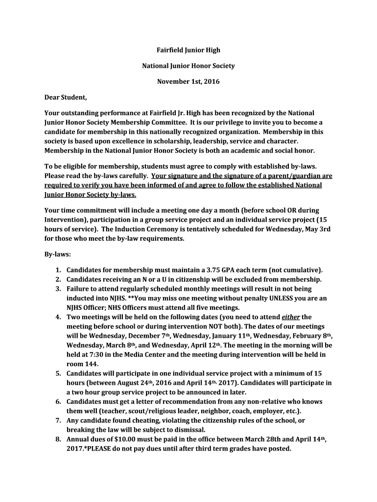 Fillable Online Fairfield Junior High National Junior Honor Society November 1st ... Fax Email ...