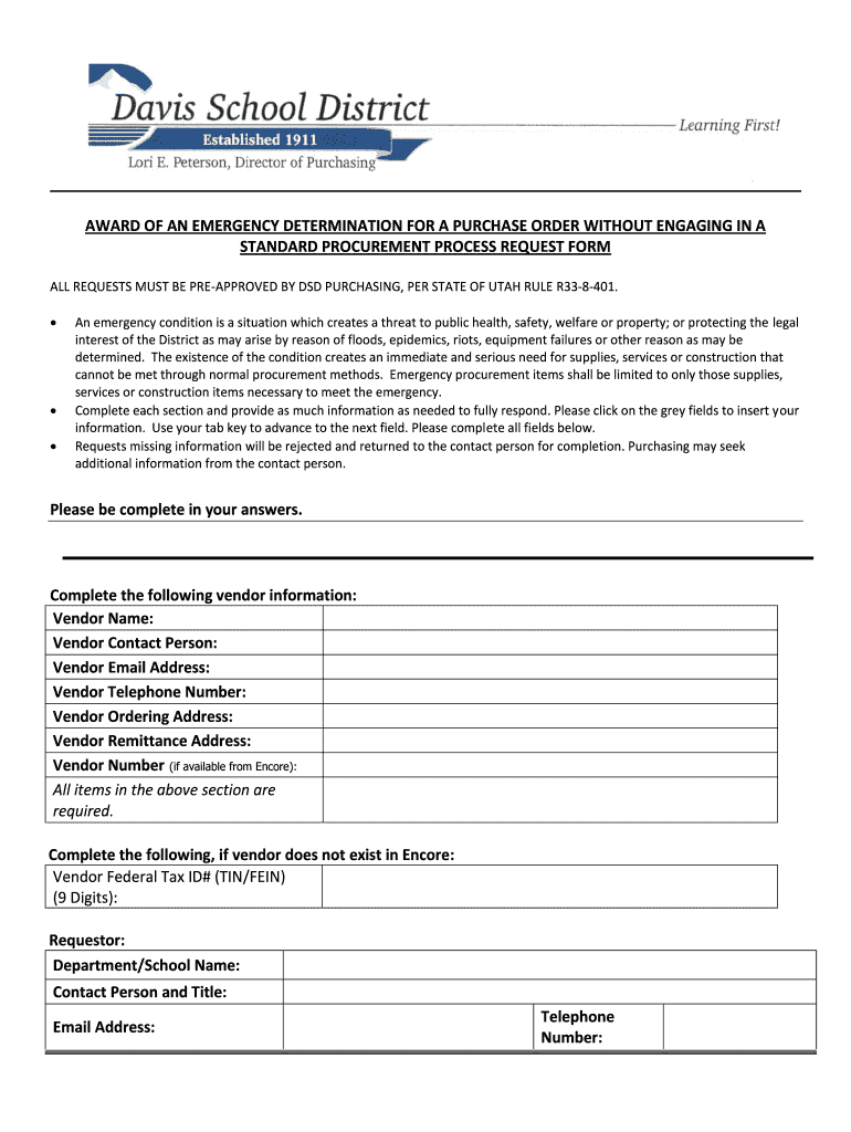 Fillable Online AWARD OF AN EMERGENCY DETERMINATION FOR A ... Fax Email Print - pdfFiller