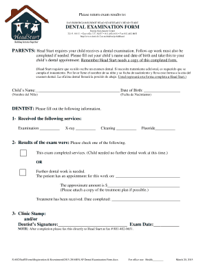 Fillable Online DENTAL EXAMINATION FORM 1- Received the following ...