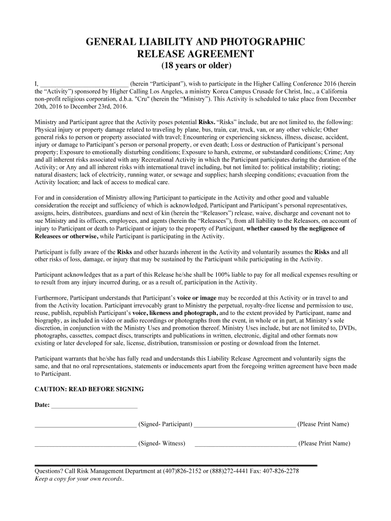 Fillable Online highercallingla General Liability Release Form- Adult ...