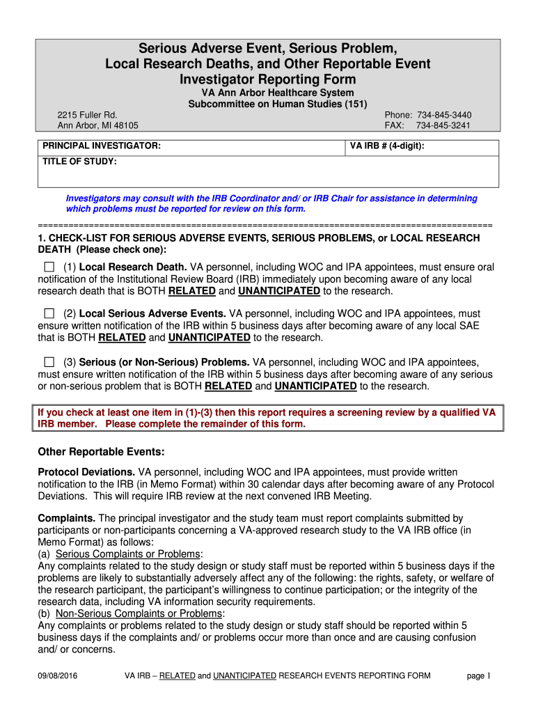 Fillable Online VA IRB POLICY, ANALYSIS, AND REPORTING FORM Fax Email ...