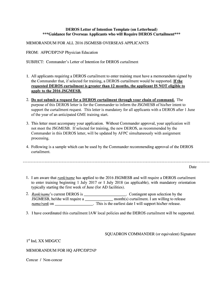 Fillable Online DEROS Letter of Intention Template Fax Email Print ...