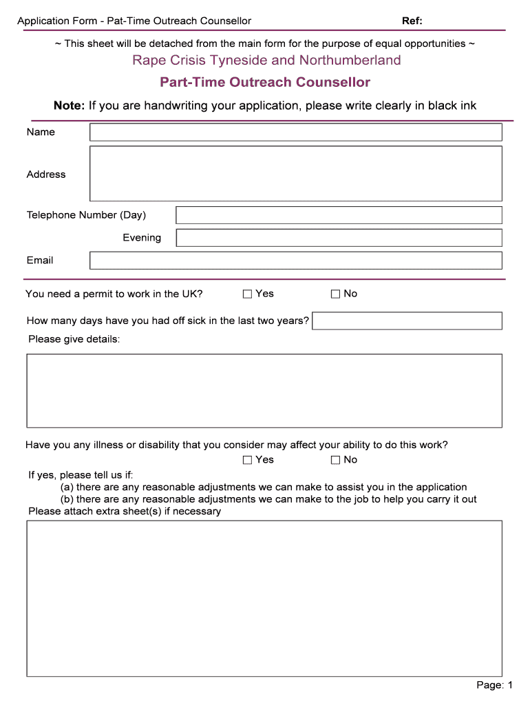Fillable Online rctn org Application Form - Part Time Outreach ...