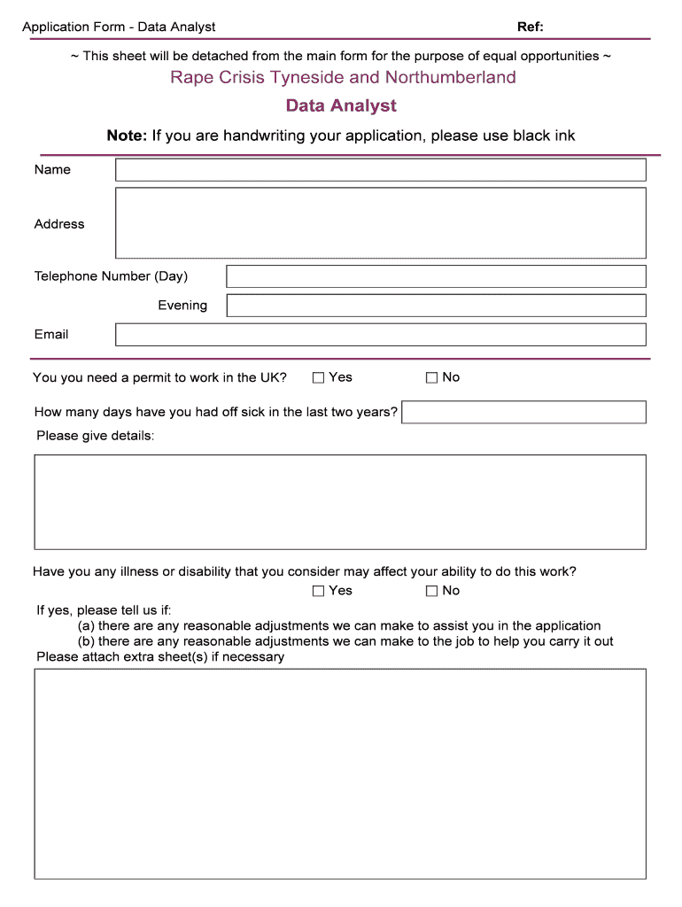 Fillable Online rctn org Application Form - Data Analyst - Rape Crisis Tyneside and ... Fax ...