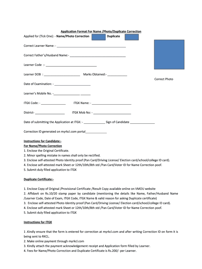 Fillable Online Application Format For Name /Photo/Duplicate Correction ... Fax Email Print ...