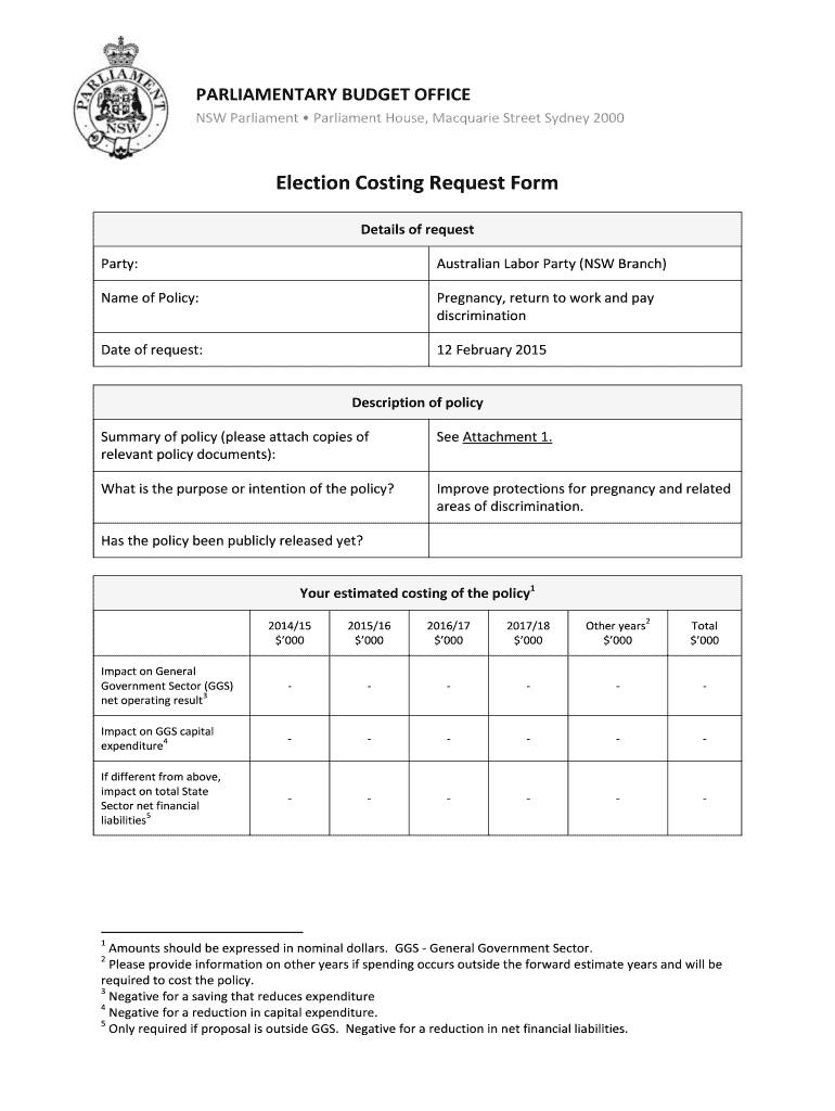 Fillable Online parliament nsw gov Election Costing Request Form ...