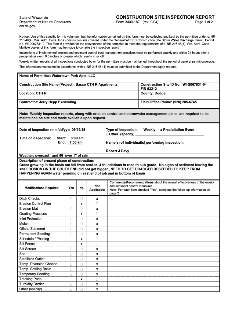 Fillable Online lce State of Wisconsin CONSTRUCTION SITE INSPECTION ...