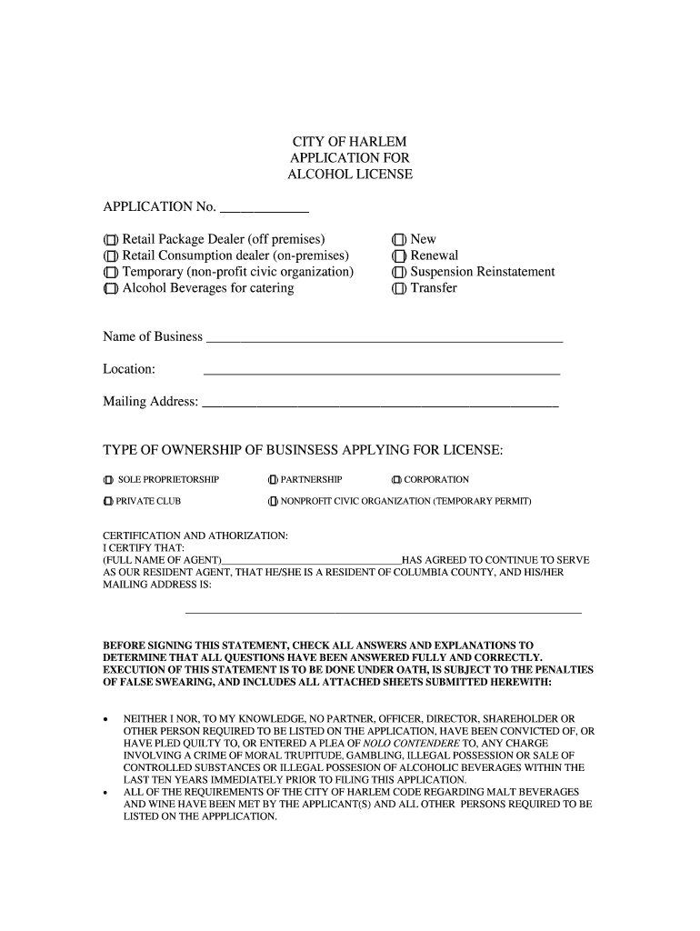 Fillable Online harlemga Alcohol License Application Form - Harlem ...