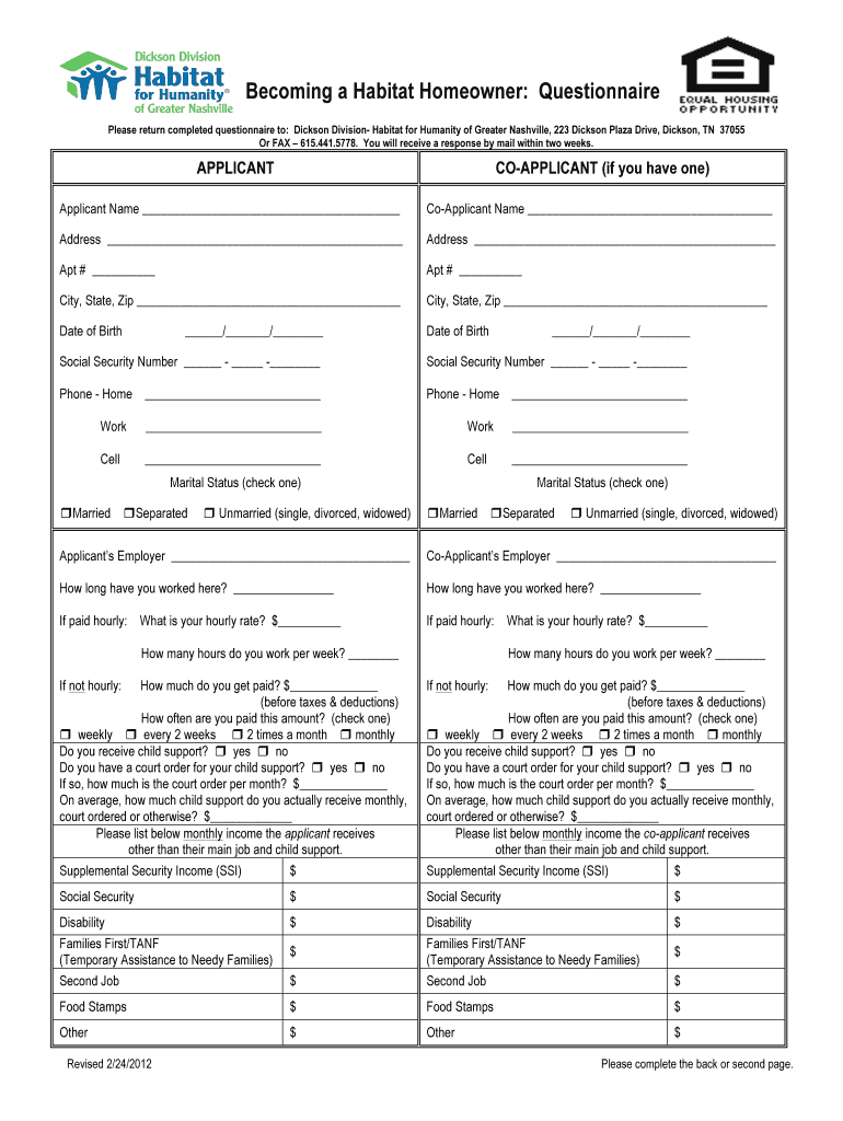 Fillable Online Becoming a Habitat Homeowner: Questionnaire Fax Email ...