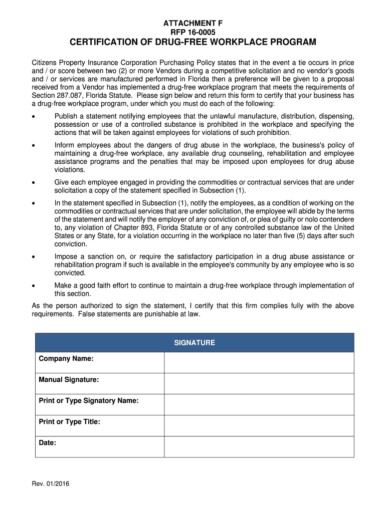 Fillable Online Attachment F - Certification of Drug-Free Workplace ...