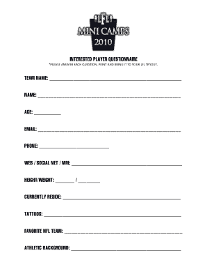 Fillable Online INTERESTED PLAYER QUESTIONNAIRE TEAM NAME: Fax Email ...