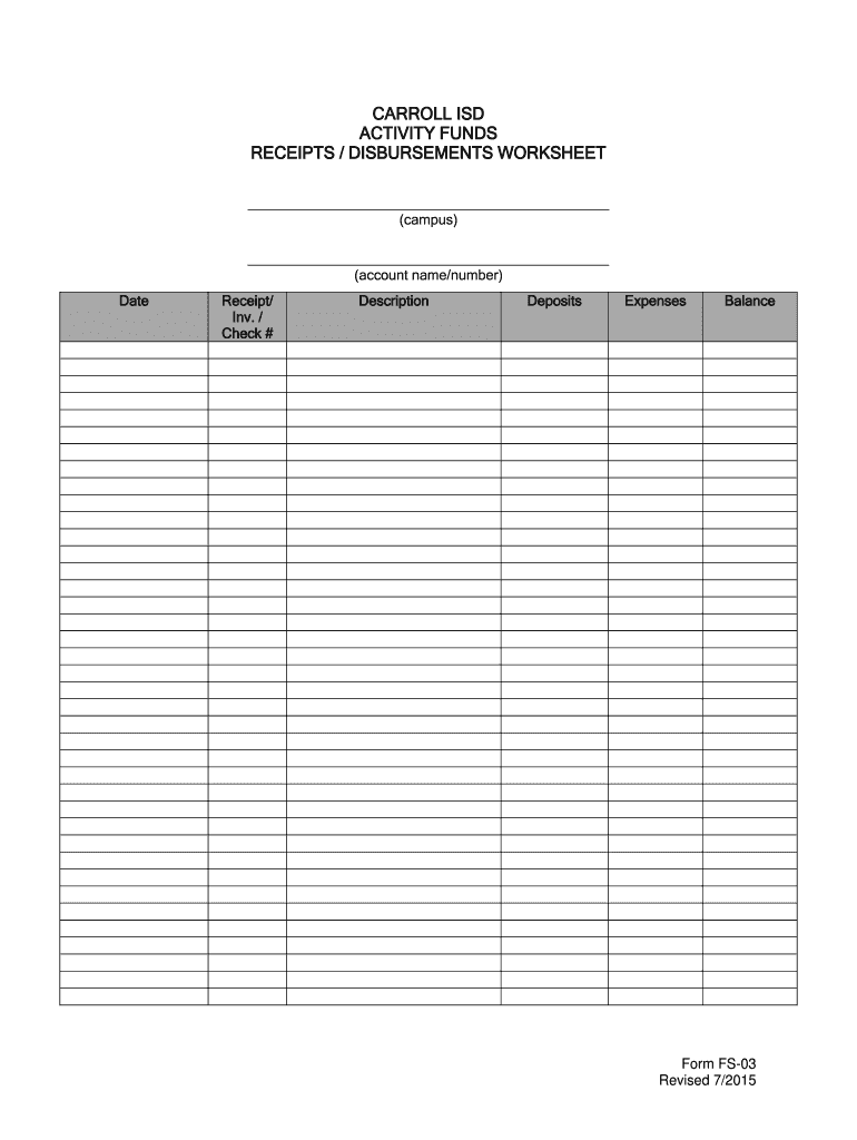 Fillable Online Activity Funds Receipts - Disbursements Worksheet Fax ...