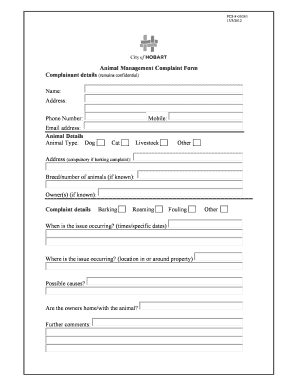 Fillable Online Animal Management Complaint form - Hobart City Council ...