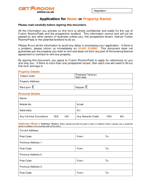 Fillable Online getaroomonline co Tenants Application Form To Rent A ...