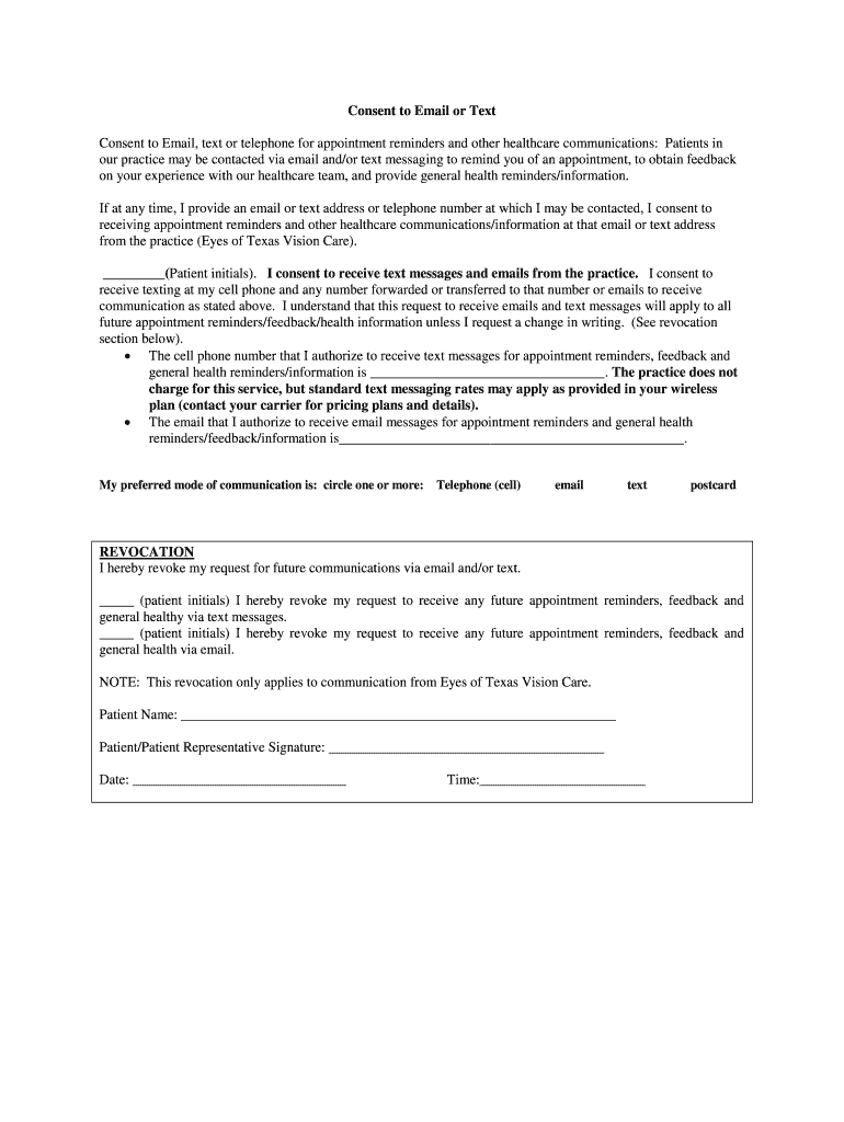 Fillable Online Consent to Email - Eyes Of Texas Vision Care Fax Email ...