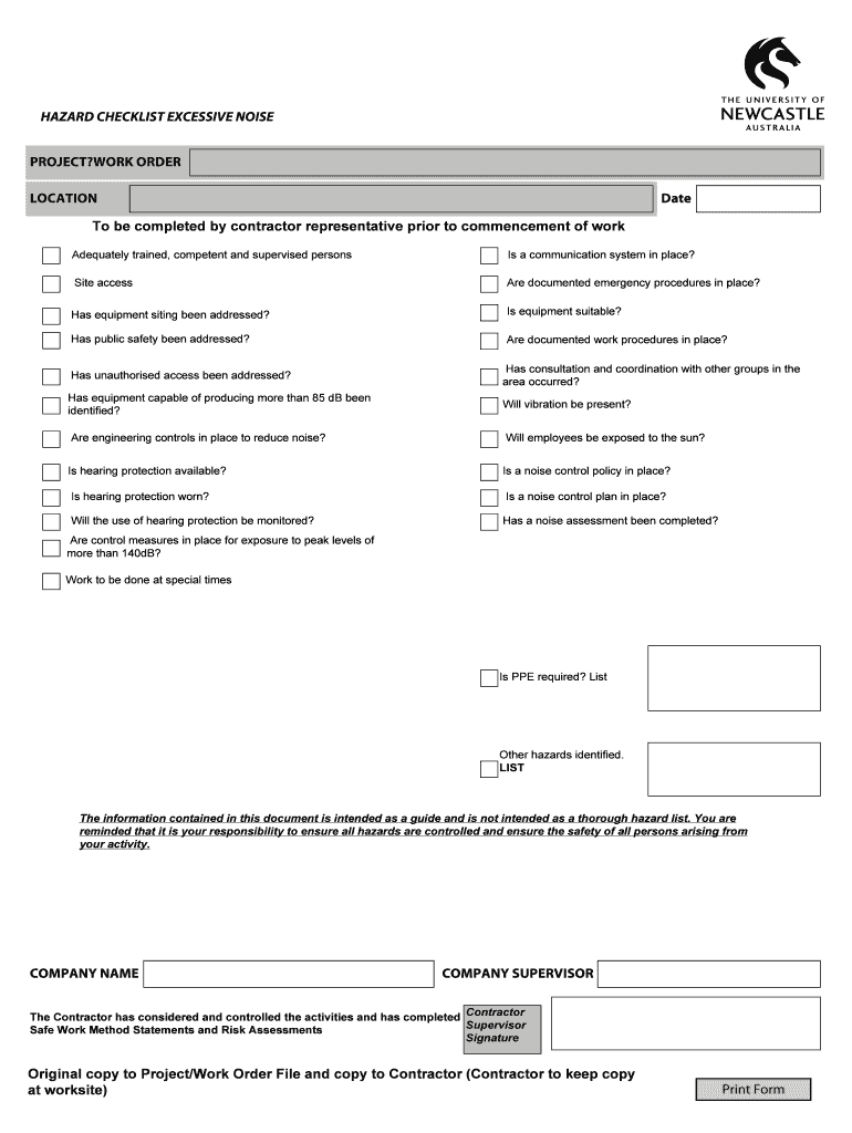 Fillable Online newcastle edu HAZARD CHECKLIST EXCESSIVE NOISE Fax Email Print - pdfFiller