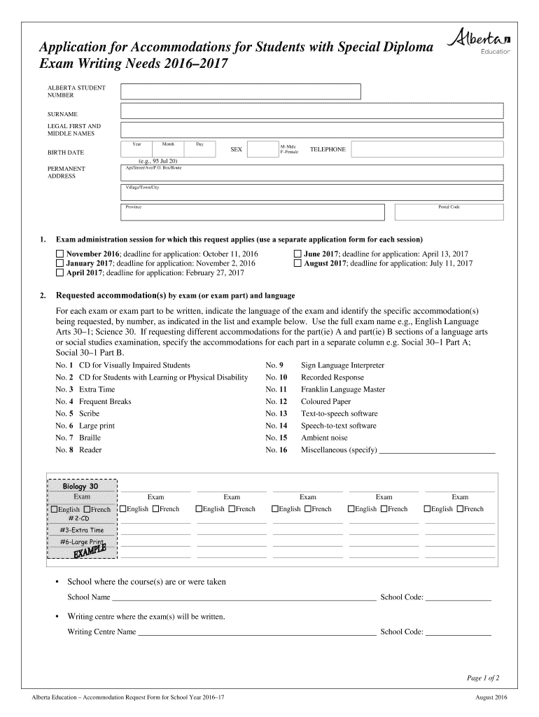 Fillable Online education alberta Application for Accommodations for Students ... - Alberta ...