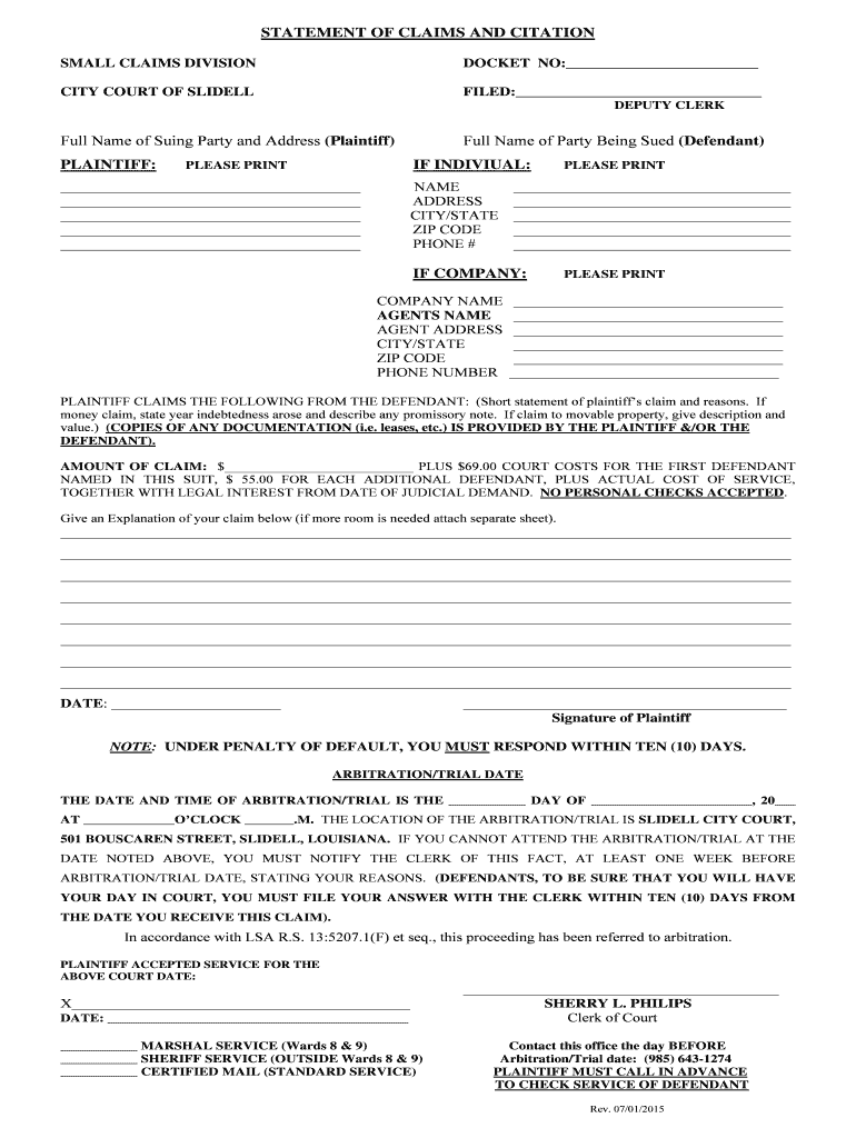 Fillable Online STATEMENT OF CLAIMS AND CITATION - City Court of ...