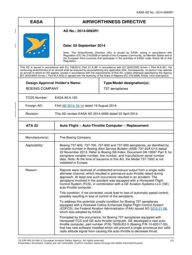 Fillable Online EASA Form 110 - AD Template - Europa Fax Email Print ...