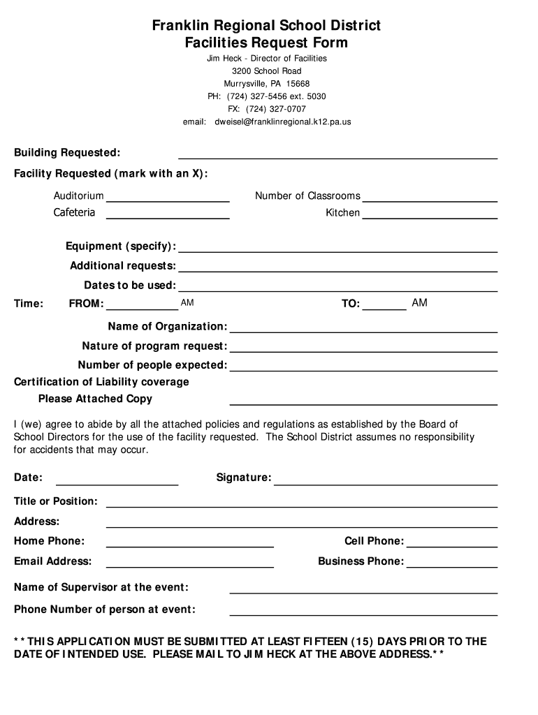 Fillable Online franklinregional k12 pa Franklin Regional School District Facilities Request ...