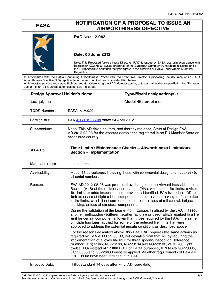 Fillable Online EASA Form 111 - Emergency AD Template - Europa Fax ...