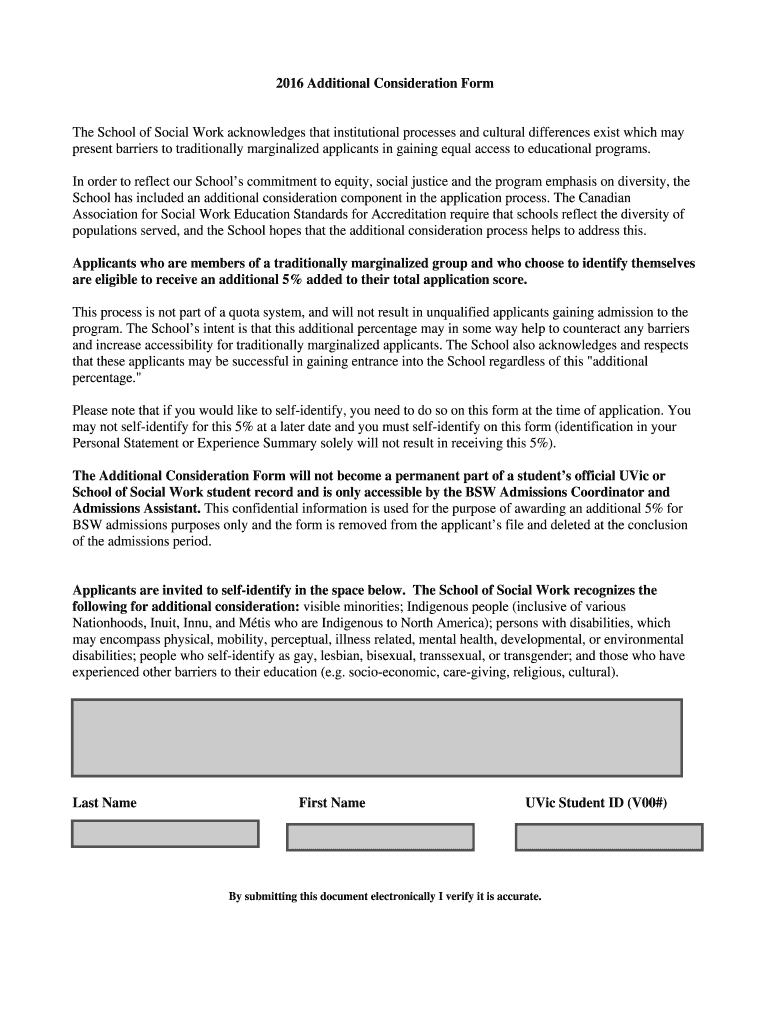 Fillable Online uvic 2016 Additional Consideration Form The School of ...