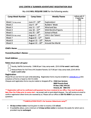 Fillable Online uvic Summer Adventures registration form - University of Victoria Fax Email ...