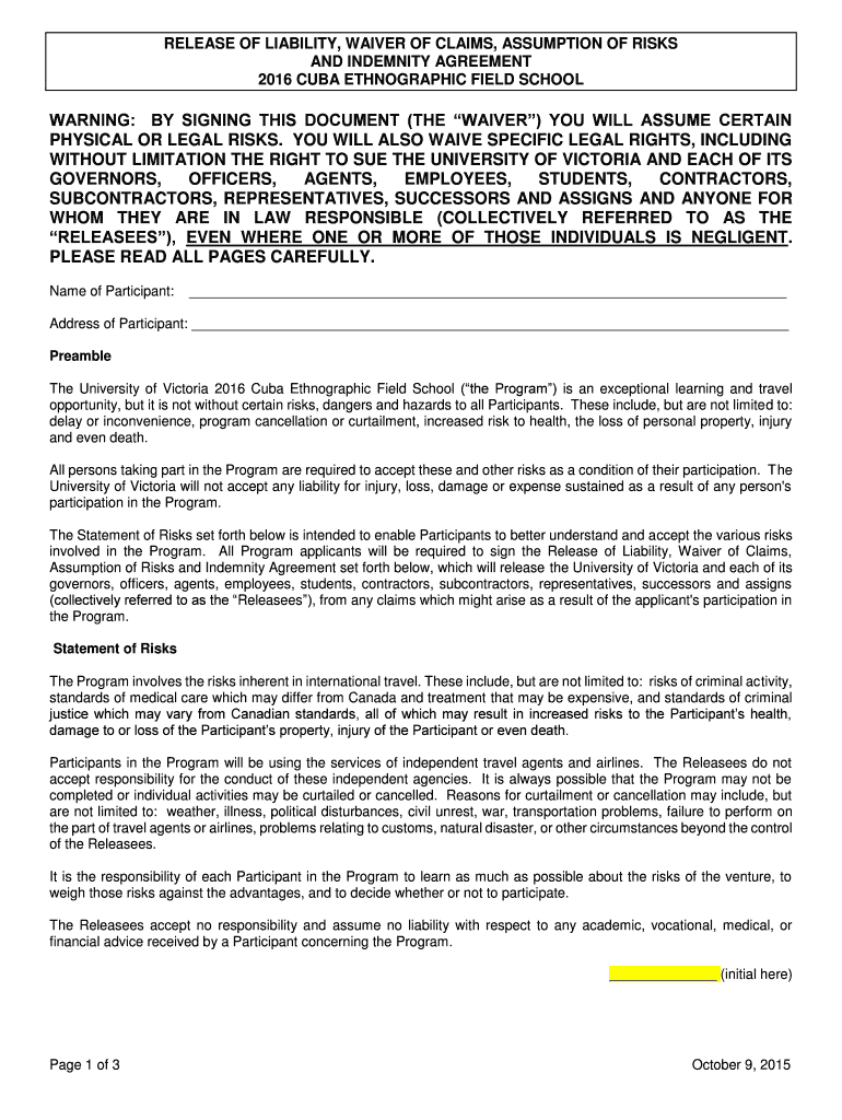 Fillable Online uvic warning: by signing this document (the waiver ...