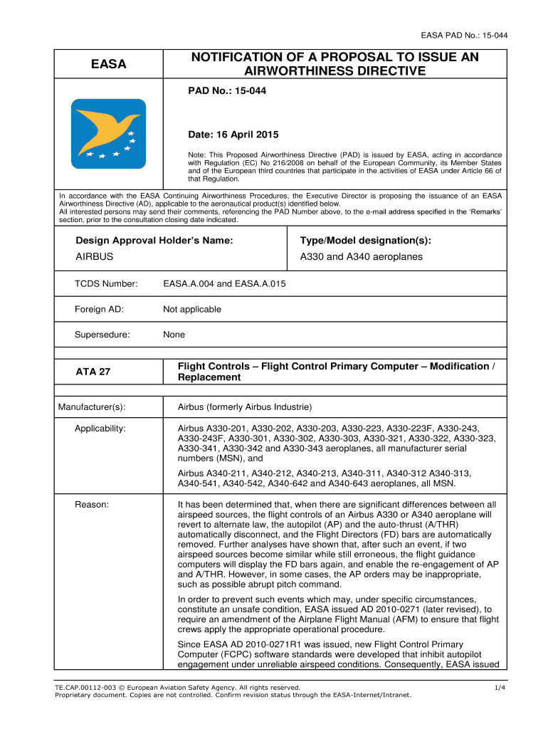 Fillable Online EASA Form 110 - AD Template - Europa Fax Email Print ...