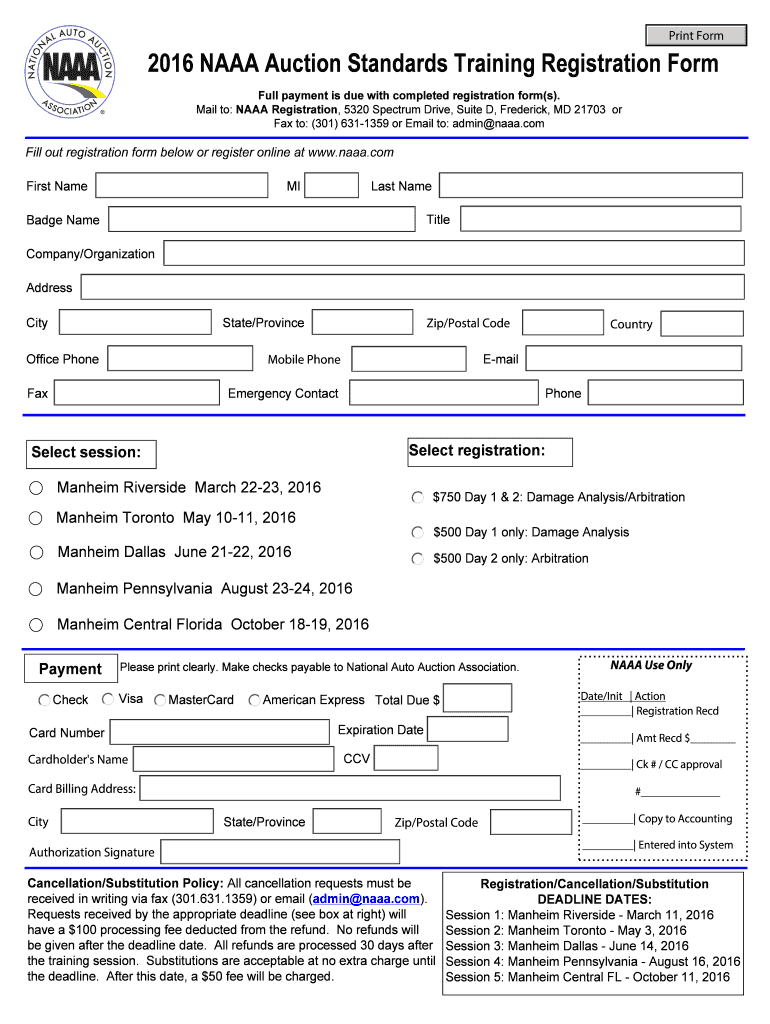 Fillable Online 2016 NAAA Auction Standards Training Registration Form ...