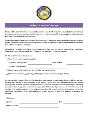 Fillable Online Waiver of Health Coverage - shontoprep.org Fax Email ...