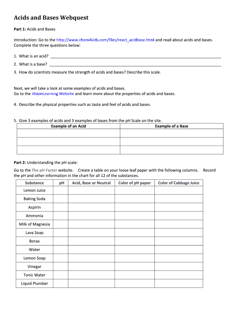 Fillable Online boxall srhs Acids and Bases Webquest Fax Email Print - pdfFiller