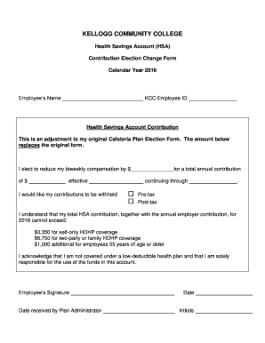 Fillable Online kellogg HSA Contribution Change Form 2016 - Kellogg ...