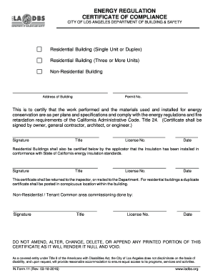 Fillable Online ladbs energy regulation certificate of compliance ...