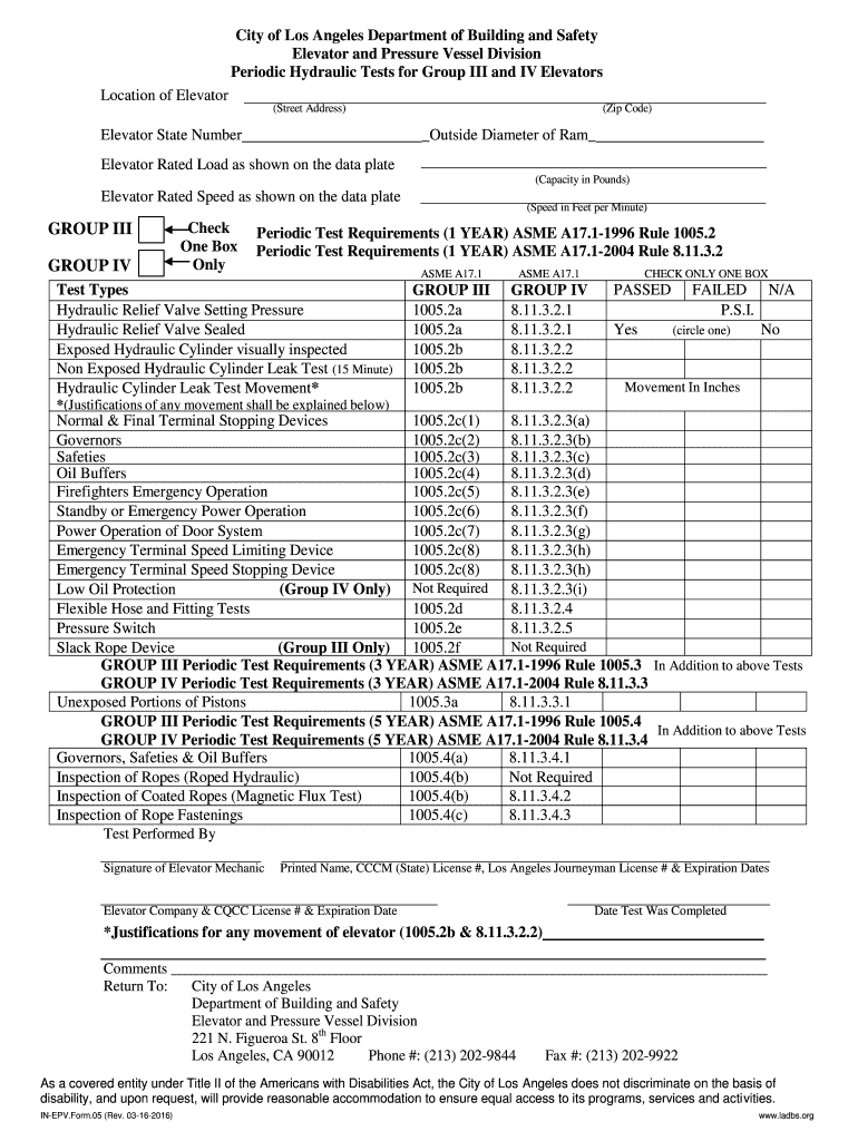 Fillable Online ladbs Elevators Installed After October 25, 1998 One ...