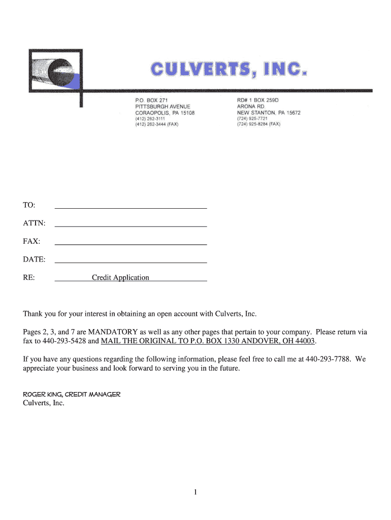 Fillable Online 1 TO: ATTN: FAX: DATE: RE: Credit Application ...