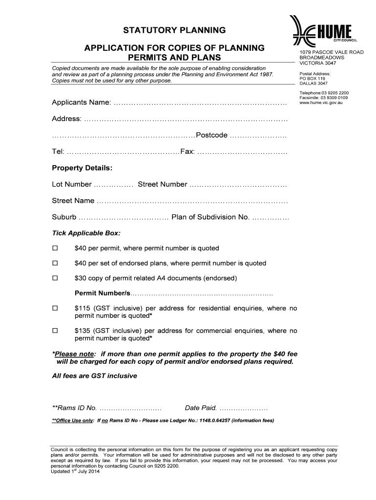 Fillable Online hume vic gov statutory planning application for copies ...