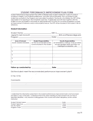 Fillable Online STUDENT PERFORMANCE IMPROVEMENT PLAN FORM Fax Email ...